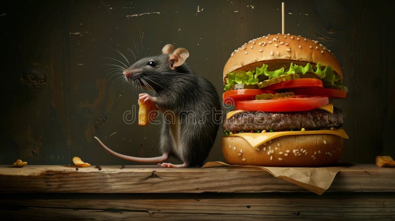 The Mouse is Standing by the Burger. Generative AI. Stock Illustration ...