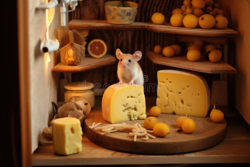 A Mouse Standing on a Cheese Wheel Inside an Open Fridge Stock Photo ...