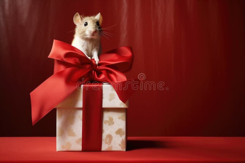 Mouse Standing on the Edge of a Red Gift Box with White Ribbon Stock ...