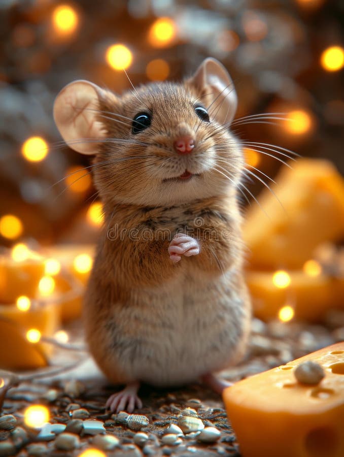 A Mouse Standing in Front of a Pile of Cheese and Lights Stock Image ...