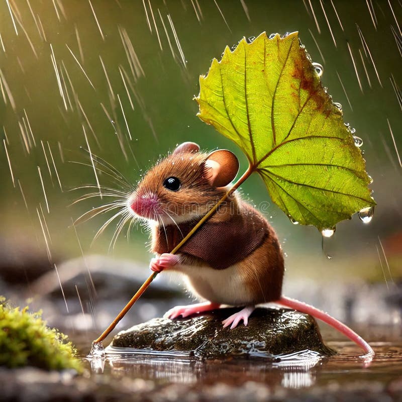 Mouse Standing on a Rock and Holding a Leaf when it Rains Stock ...