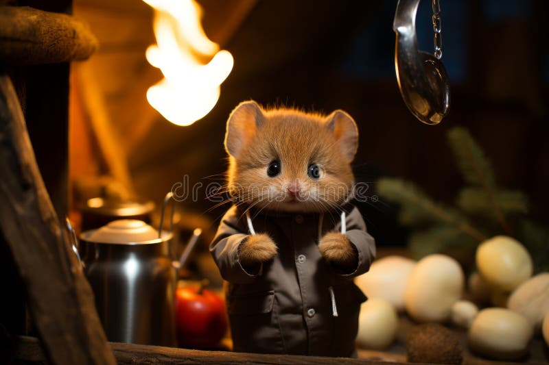 Cute Little Mouse in a Warm Brown Coat Standing Near the Fireplace ...