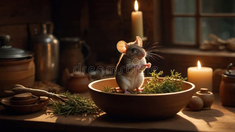 Adorable Mouse in Wooden Bowl with Herbs and Candles Stock Illustration ...