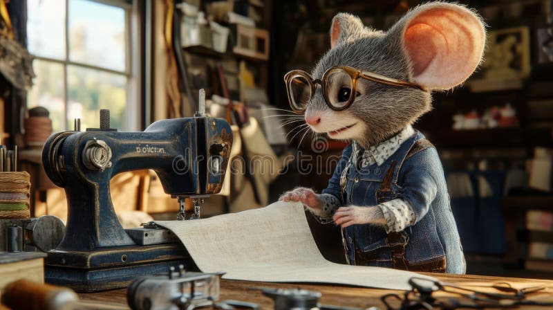Mouse Tailor Works Diligently at Sewing Machine in a Cozy Workshop ...