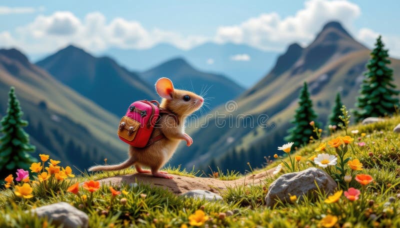 A Mouse with a Tiny Backpack Hiking Up a Felt Mountain Trail Stock ...