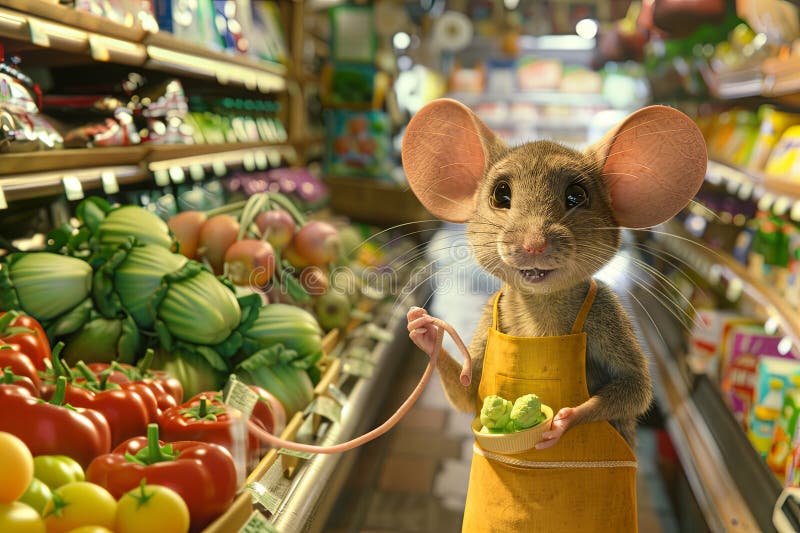A Mouse Wearing an Apron Standing in a Grocery Store Holding an Apple ...
