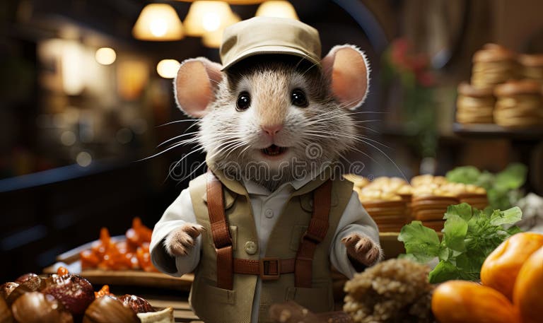 Mouse in Hat and Overalls in Front of Table Stock Photo - Image of ...