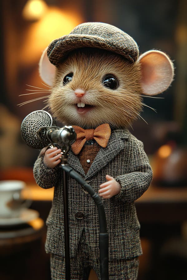 Mouse Wearing a Suit and Bow Tie Stands on a Microphone. Stock Image ...