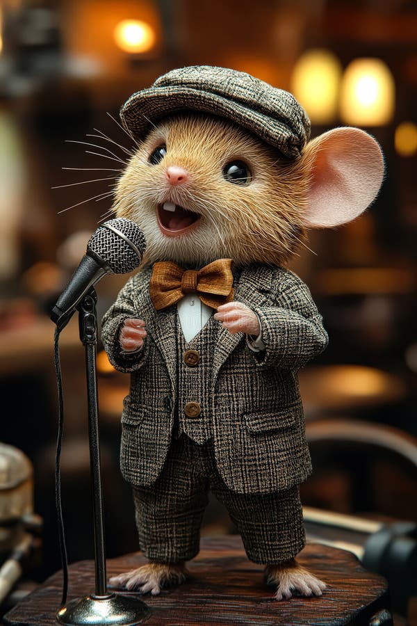 Mouse Wearing a Suit and Bow Tie Stands on a Microphone. Stock Image ...