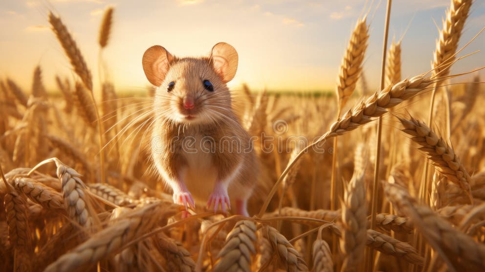 Hyper-realistic Image of Mouse Grazing in Wheat Field at Sunset Stock ...