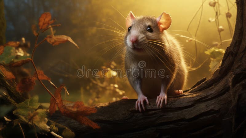Golden Light: a Hyper-realistic Rat on a Log in a Dreamlike Forest ...