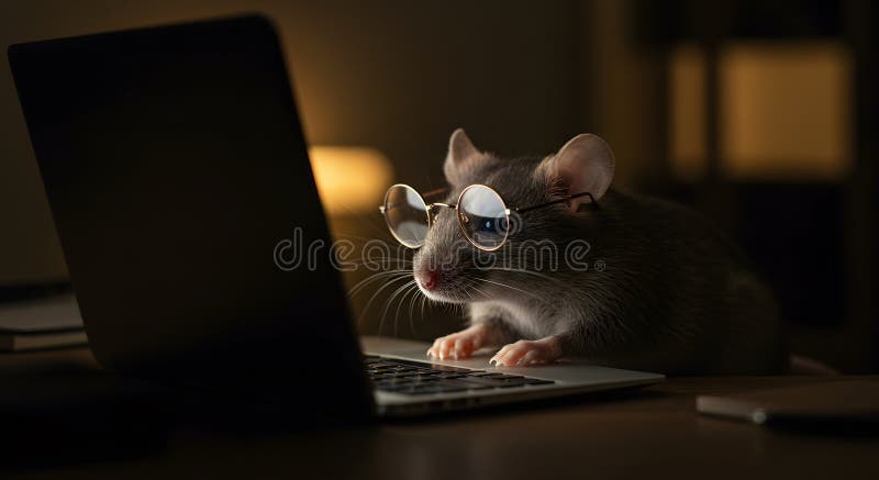 A Mouse is Working on a Laptop Computer while Wearing Glasses ...