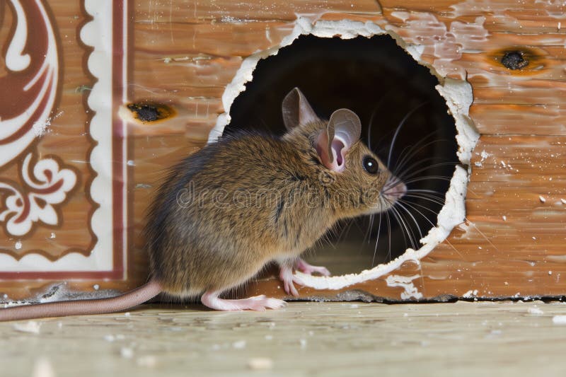 Mouses Tail and Back Visible while Exiting a Wall Hole Stock Photo ...