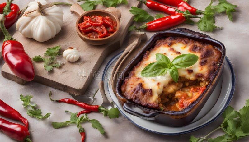 Moussaka Dish with Aubergine and Chili Pepper Stock Illustration ...