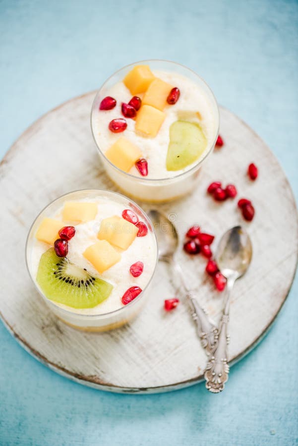 Mousse with Cream and Fresh Tropical Fruit Stock Image - Image of ...