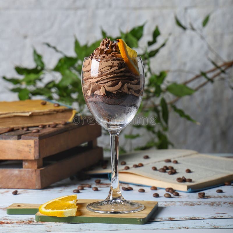 Mouth Watering Chocolate Mousse Presented In A Clear Glass Bowl