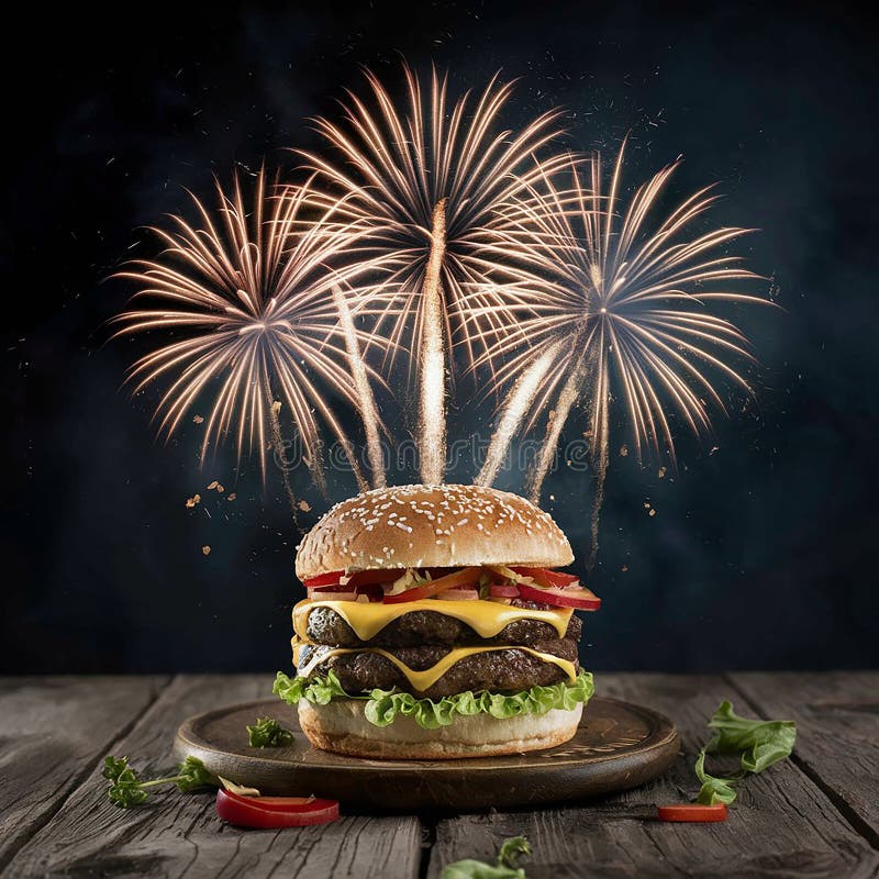 A Delicious Double Cheeseburger with Fireworks Explosion Stock ...