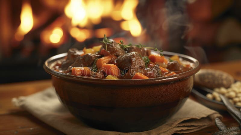 A Mouthwatering Bowl of Beef Stew Steaming on the Table in Front of a ...