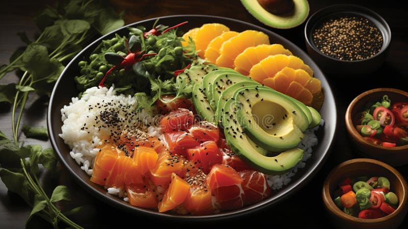 A Mouthwatering Delicious Poke Bowl on Selective Focus Background Stock ...