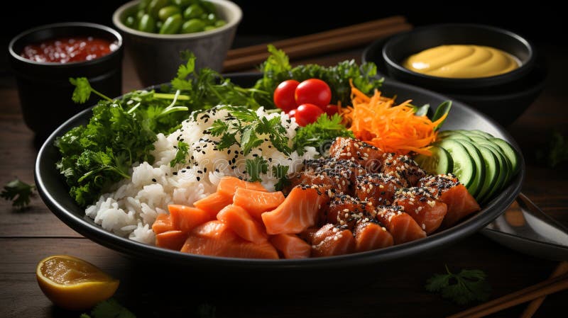A Mouthwatering Delicious Poke Bowl on Selective Focus Background Stock ...