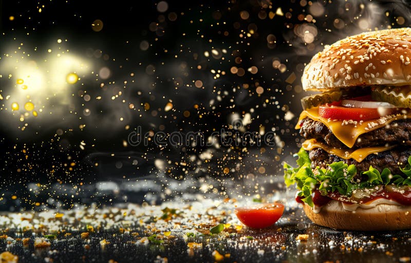Mouthwatering Double Beef Burger Falling on Black Background Stock ...