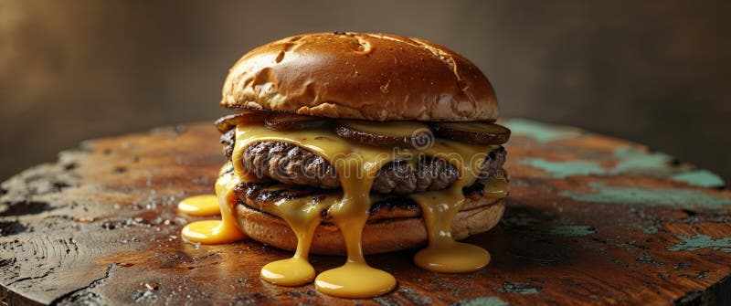 Mouthwatering Double Cheeseburger with Melted Cheese on a Rustic Table ...