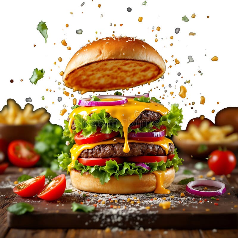 Mouthwatering Gourmet Cheeseburger with Exploding Ingredients Effect ...