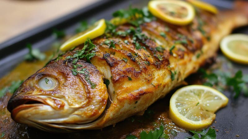 Mouthwatering Roasted Fish Served with Lemon and Herbs. Stock ...