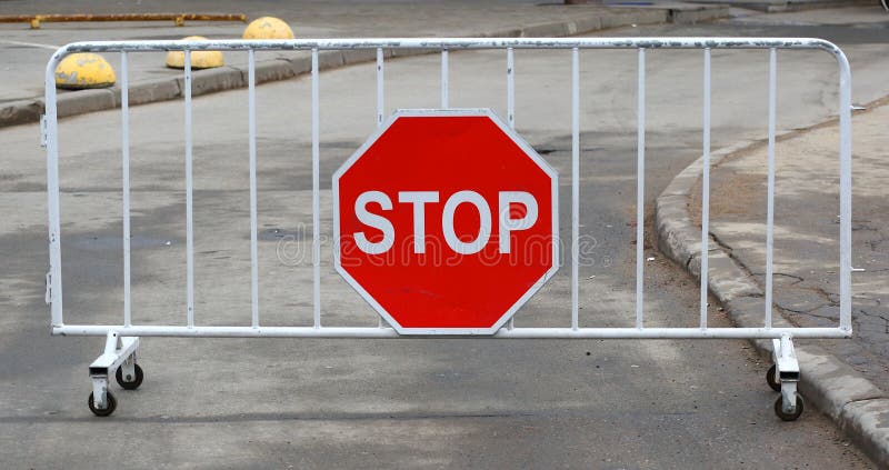 Movable Metal Barrier with Stop Sign Stock Photo - Image of street ...