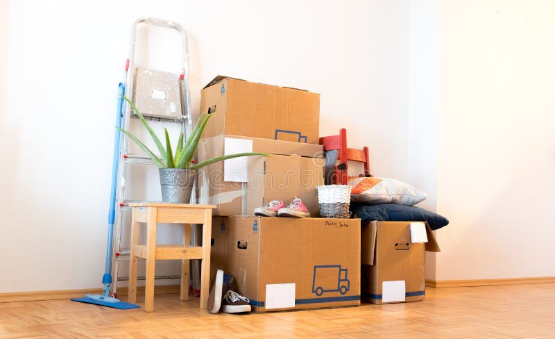 Move. Cardboard Boxes, Cleaning Things and Stuff for Moving into a New ...