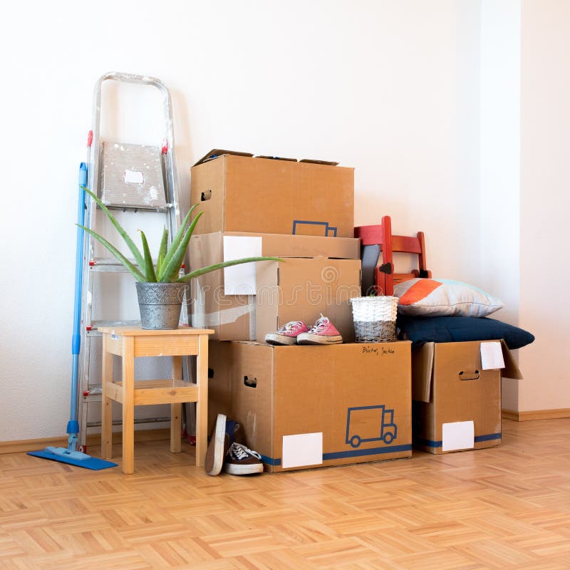 Move. Cardboard Boxes, Cleaning Things and Stuff for Moving into a New ...