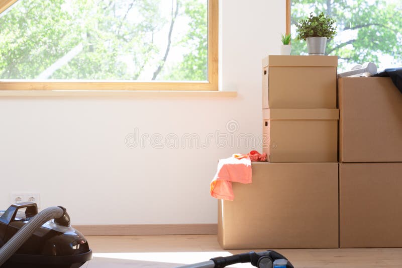 Move. Cardboard Boxes for Moving into a New, Clean Home Stock Image ...