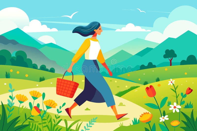 A Cheerful Young Woman Girl with a Bag Walks Along a Path,flowering ...