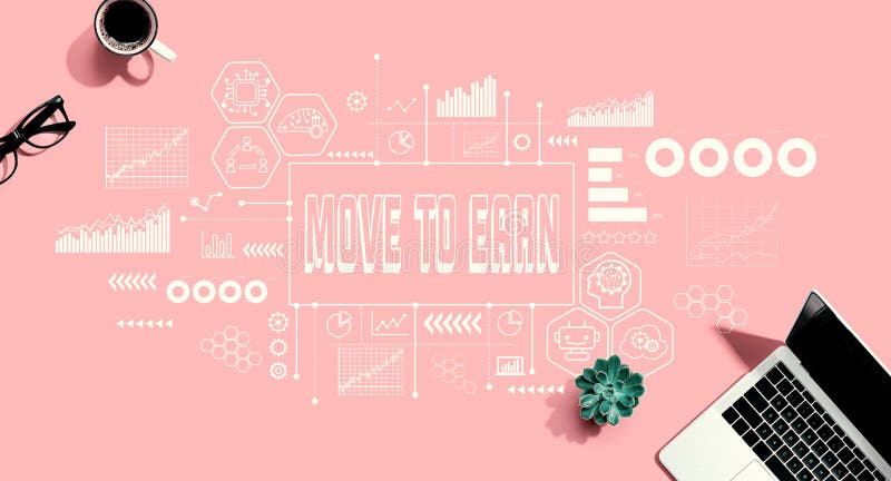 Move To Earn Theme with Laptop Computer Stock Photo - Image of flatlay ...