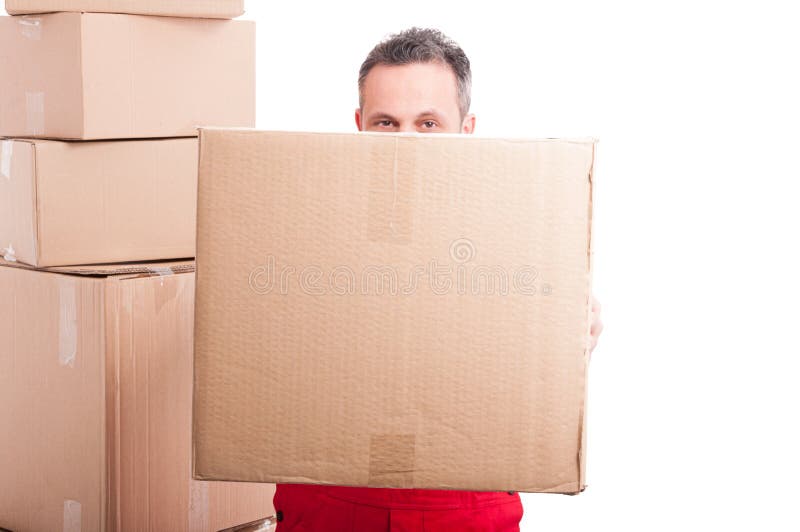 Mover Guy Hiding Behind a Big Cardboard Box Stock Image - Image of ...