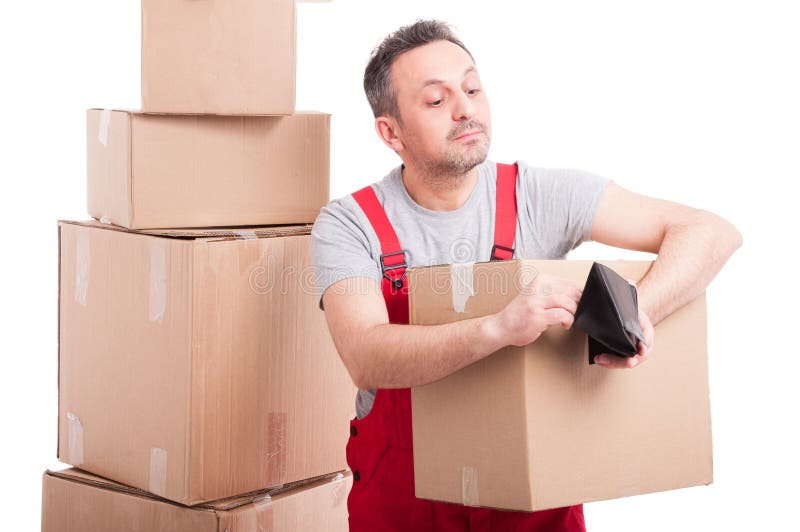 Mover Guy Holding Box and Checking His Wallet Stock Image - Image of ...