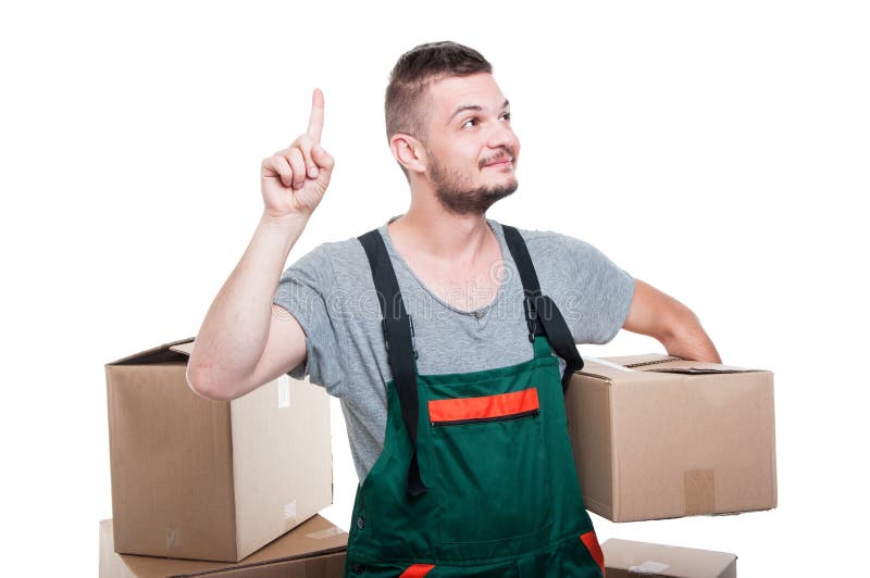 Mover Guy Holding Cardboard Box Gesturing Idea Stock Image - Image of ...