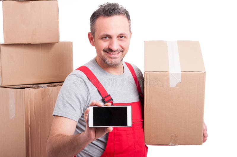 Mover Guy Showing Blank Phone Screen and Smiling Stock Photo - Image of ...