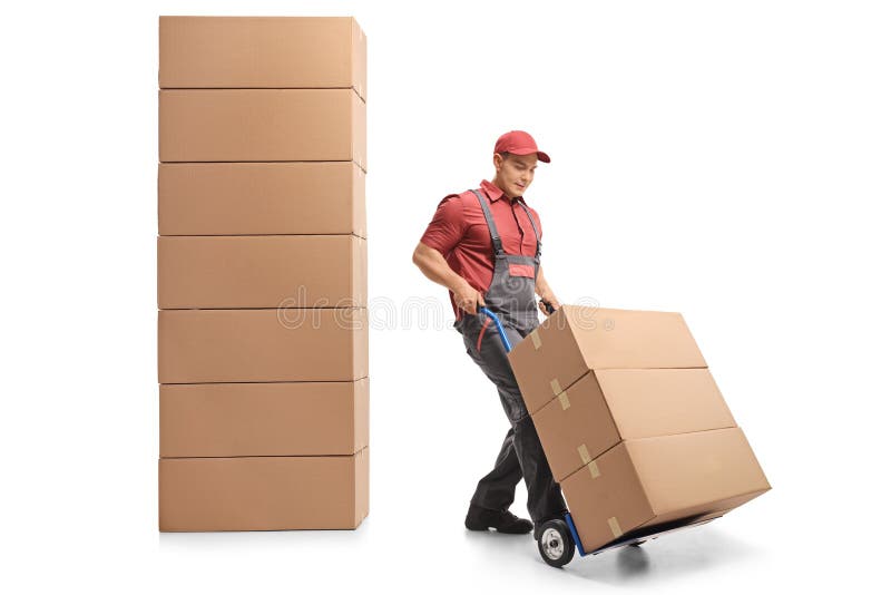 Mover with a Hand Truck Next To a Stack of Boxes Stock Photo - Image of ...