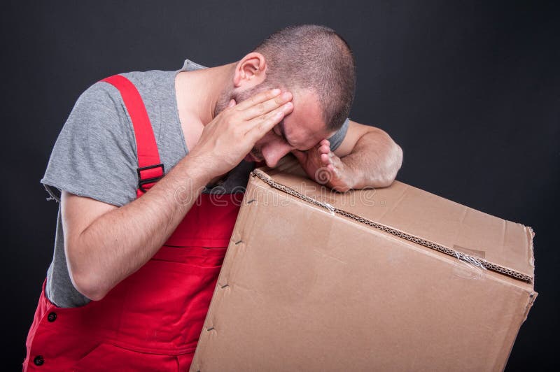 Mover Man Holding Box Having Head Ache Stock Photo - Image of gesture ...