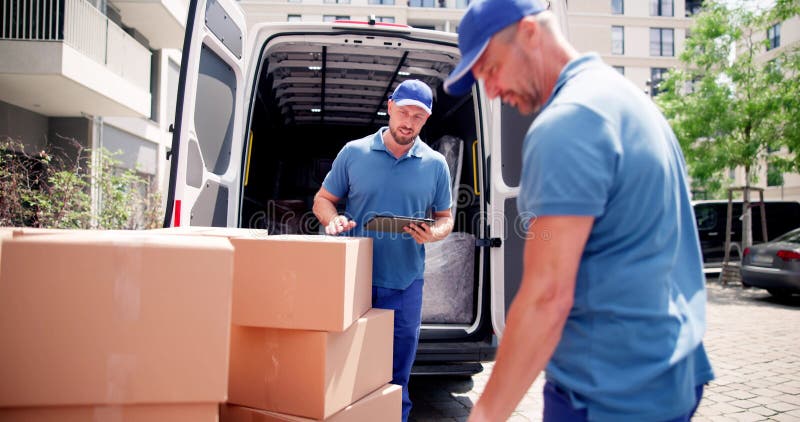 Mover Workers Near House Relocation Van Stock Photo - Image of movers ...