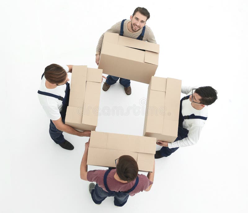 Delivery Men with Cardboard Boxes on White Background. Stock Image ...
