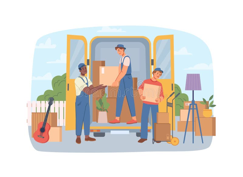 Movers Load Boxes into Cargo Van Relocation Moving Stock Vector ...