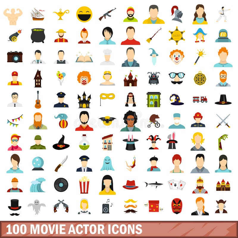 100 Movie Actor Icons Set, Flat Style Stock Vector - Illustration of ...