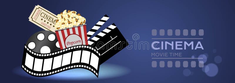 Cinema Movie Night Banner with Film Reel, Popcorn, Clapperboard, and ...