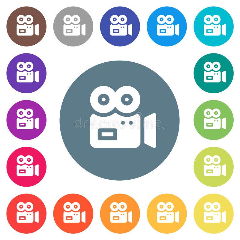 Movie Camera Solid Flat White Icons on Round Color Backgrounds Stock ...