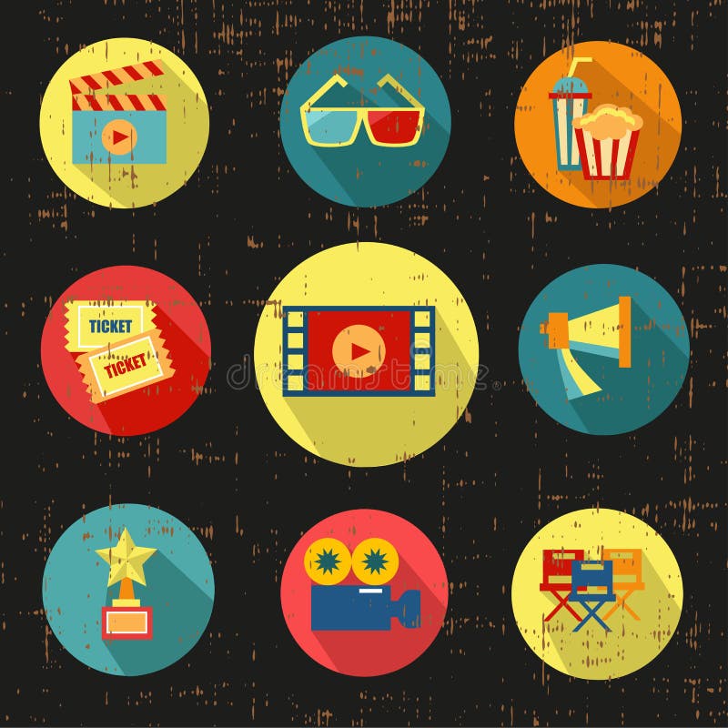 Movie Icon Set,black Version,grunge Vector with Screen Texture Stock ...