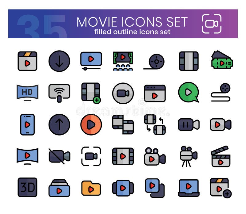 Movie Icons Bundle. Filled Outline Icons Style. Vector Illustration ...
