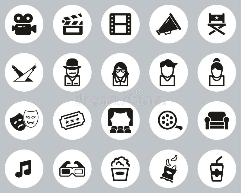 Movie or Movie Industry Icons Black & White Flat Design Circle Set Big ...