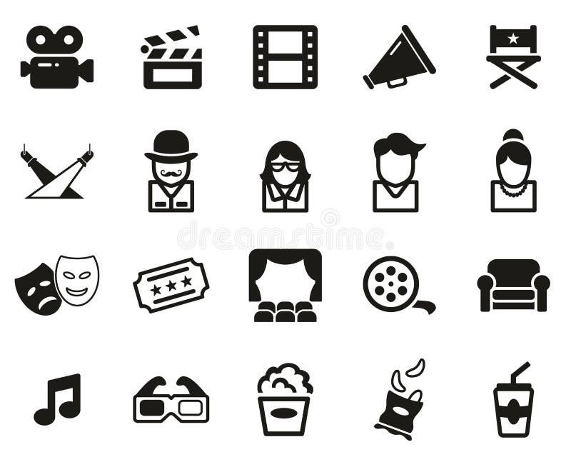Movie or Movie Industry Icons Black & White Flat Design Circle Set Big ...
